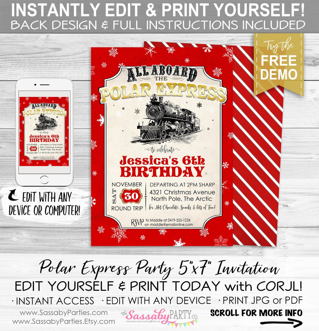 Polar Express Invitation Red INSTANT DOWNLOAD Partially Editable ...