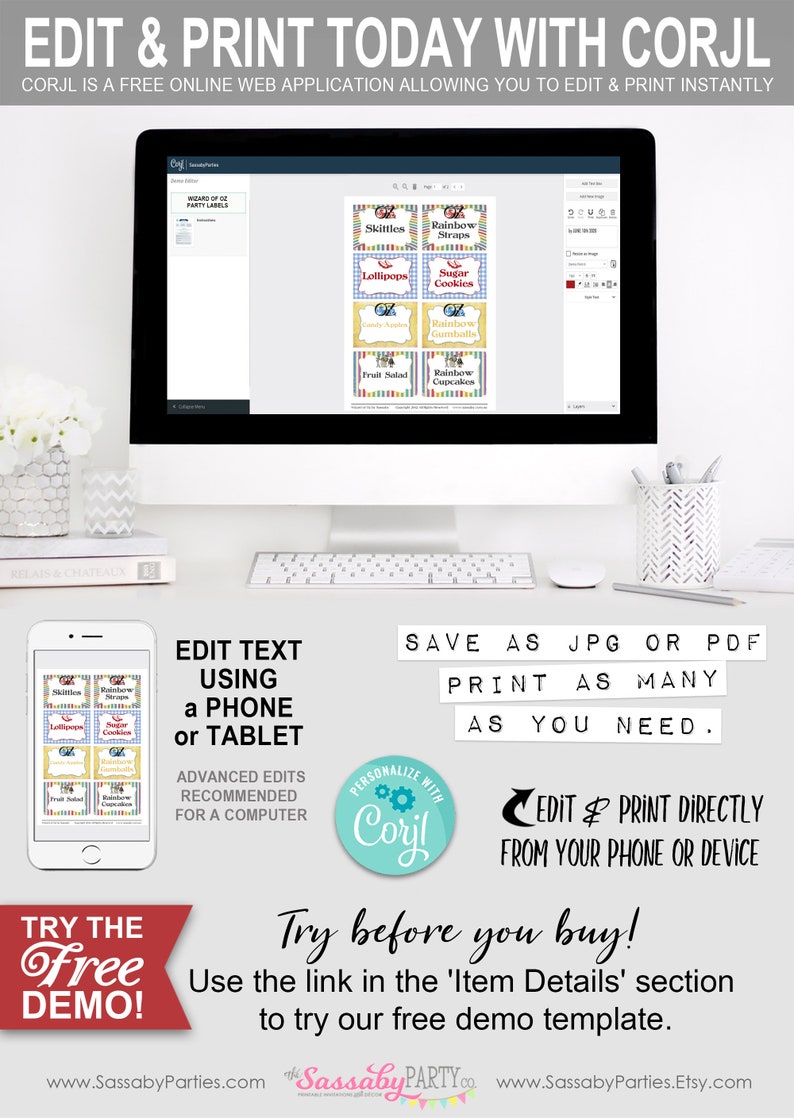 Wizard of Oz Party Labels - INSTANT DOWNLOAD - Edit & Print, Birthday ...