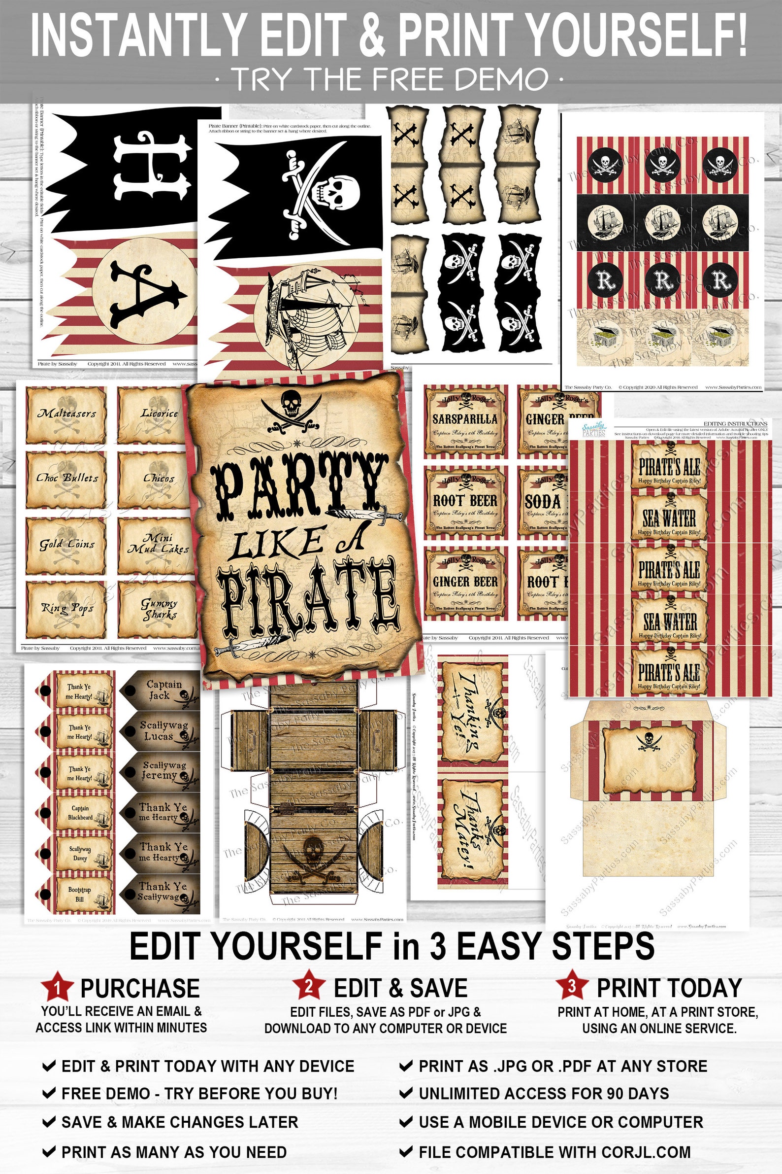 Pirate Party Pack - INSTANT DOWNLOAD - Editable & Printable Birthday ...