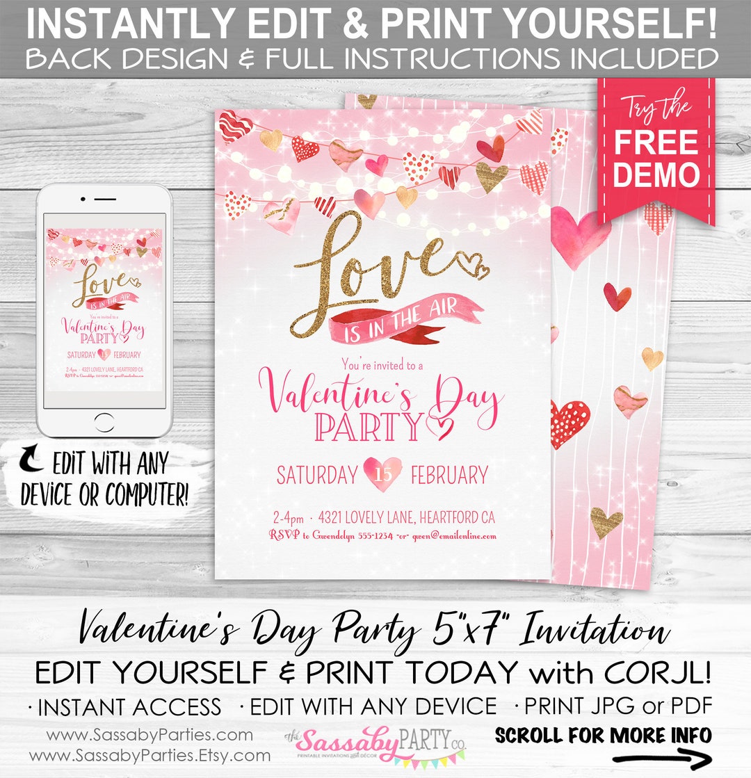 Valentine's Day Party Invitation INSTANT DOWNLOAD Editable & Printable ...