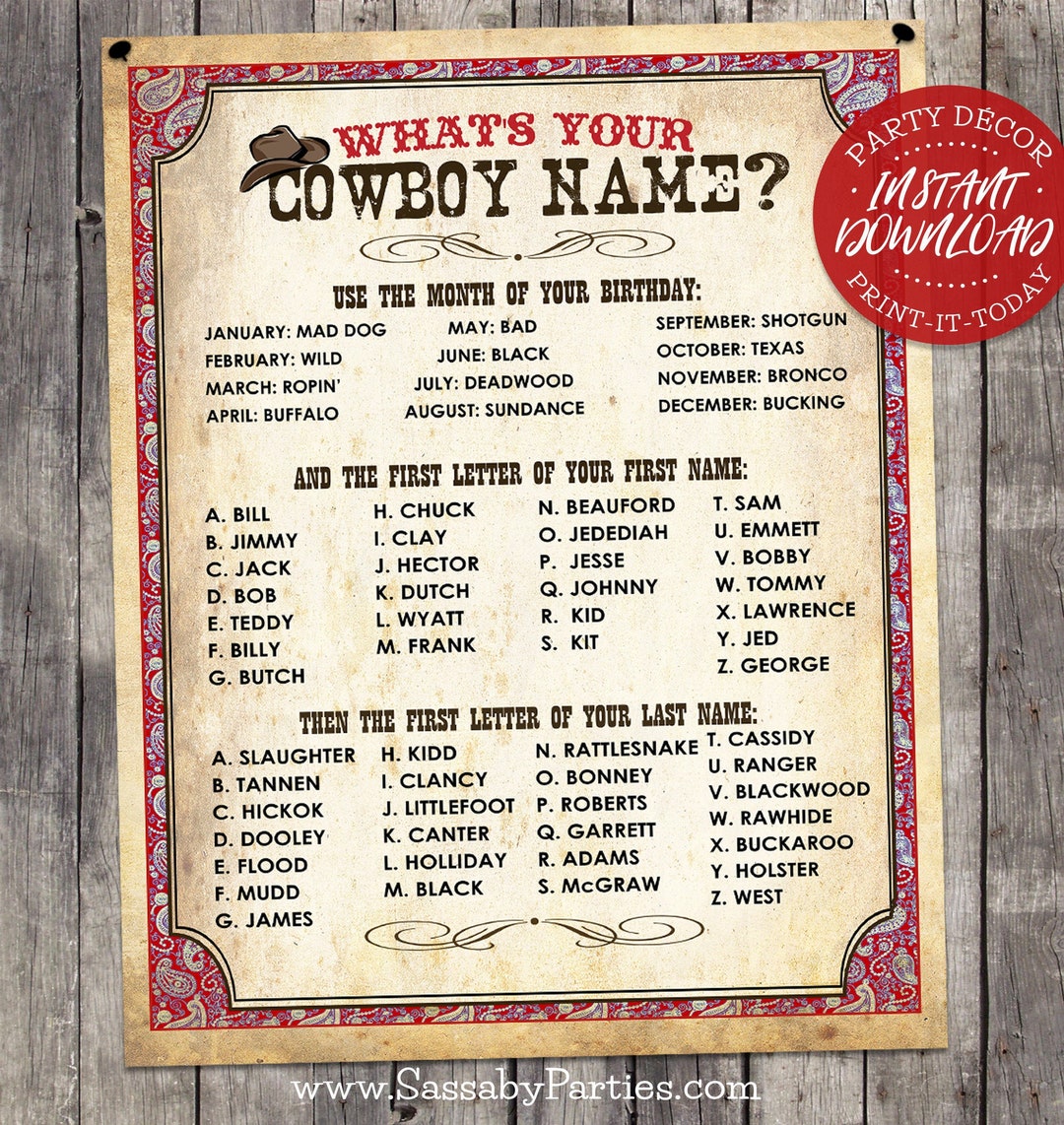 Wild West Cowboy Name Poster RED - INSTANT DOWNLOAD - 'what's Your ...