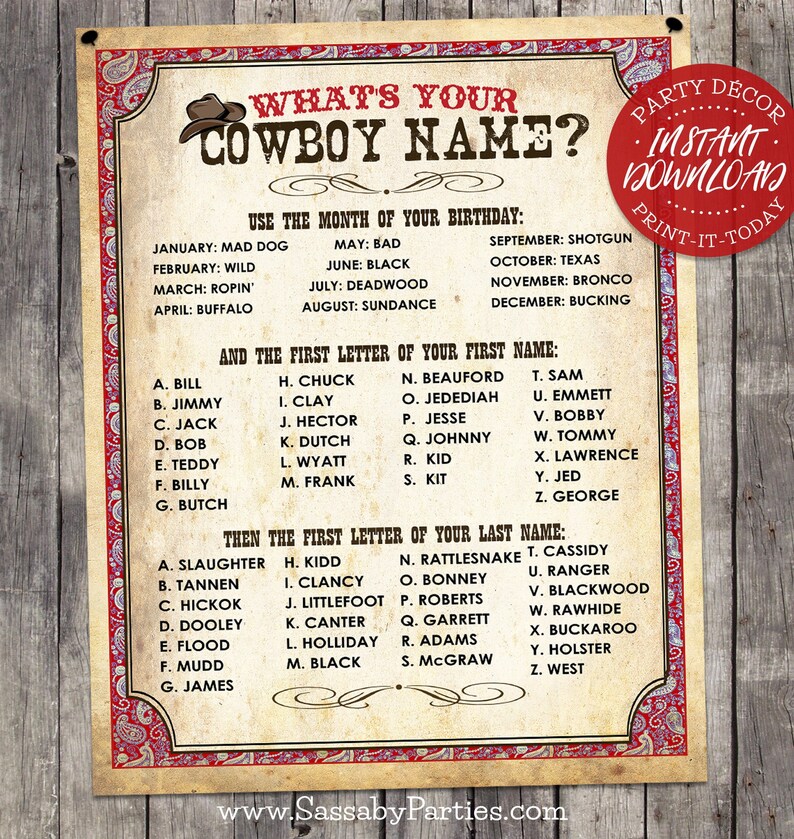 Wild West Cowboy Name Poster RED INSTANT DOWNLOAD Etsy