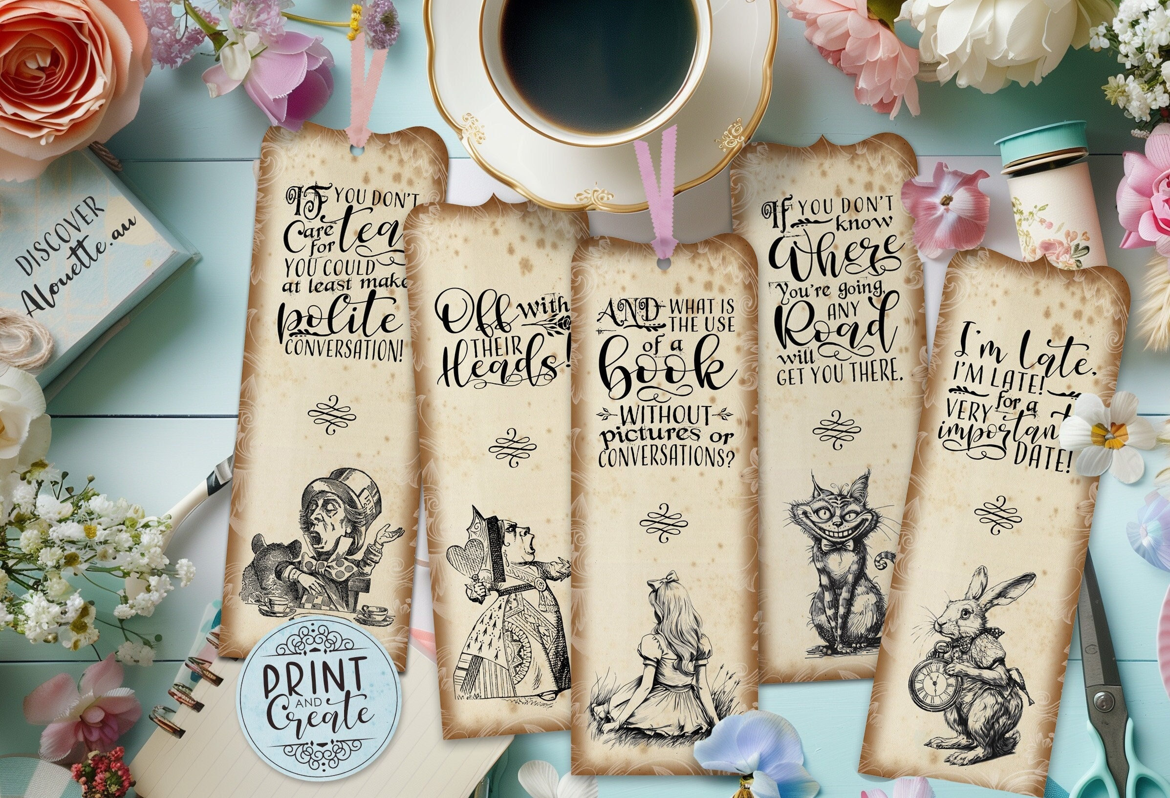 Alice in Wonderland Bookmarks - INSTANT DOWNLOAD - Printable Ephemera ...