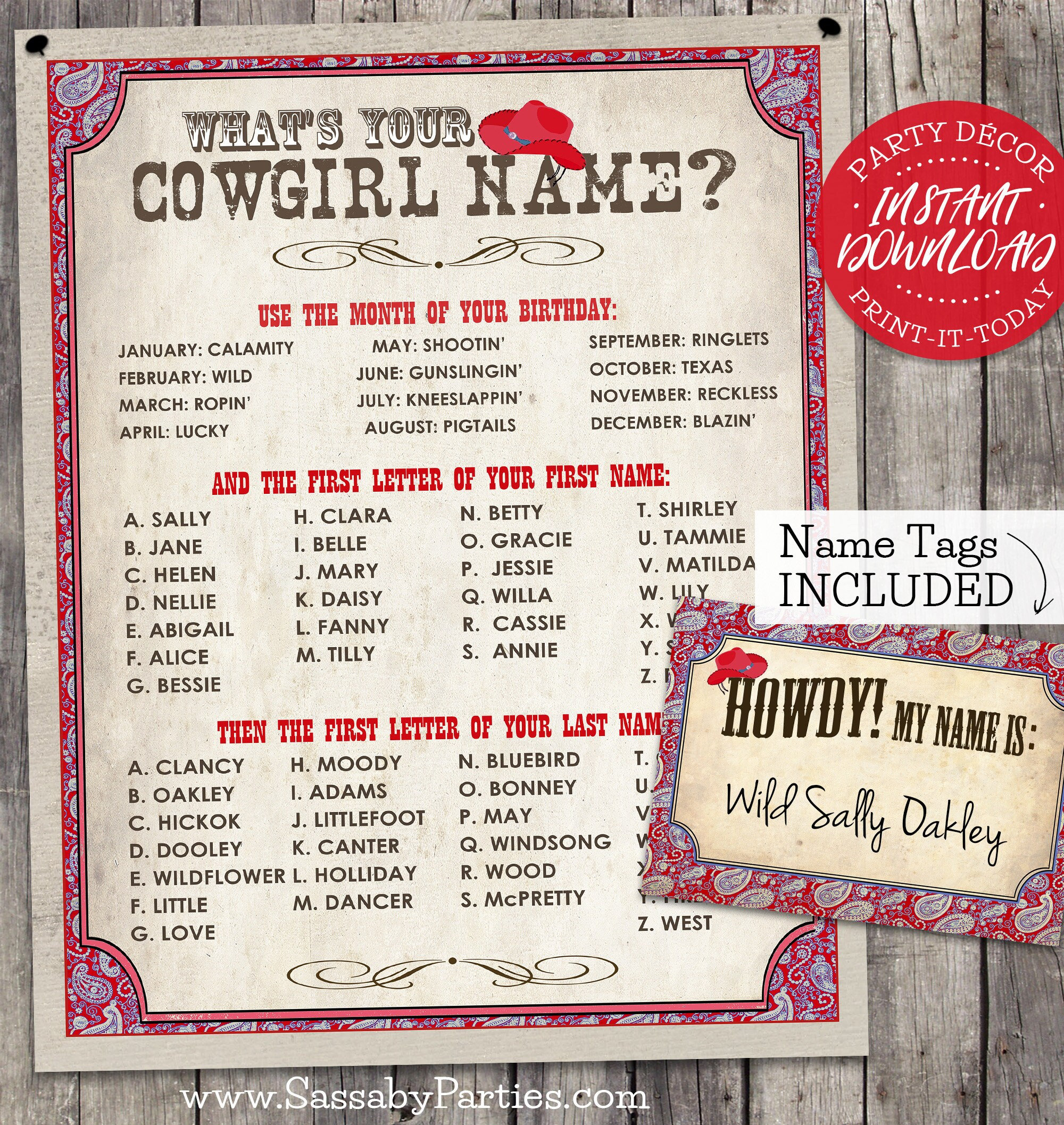 Wild West Cowgirl Name Poster + Name Tags RED - INSTANT DOWNLOAD ...