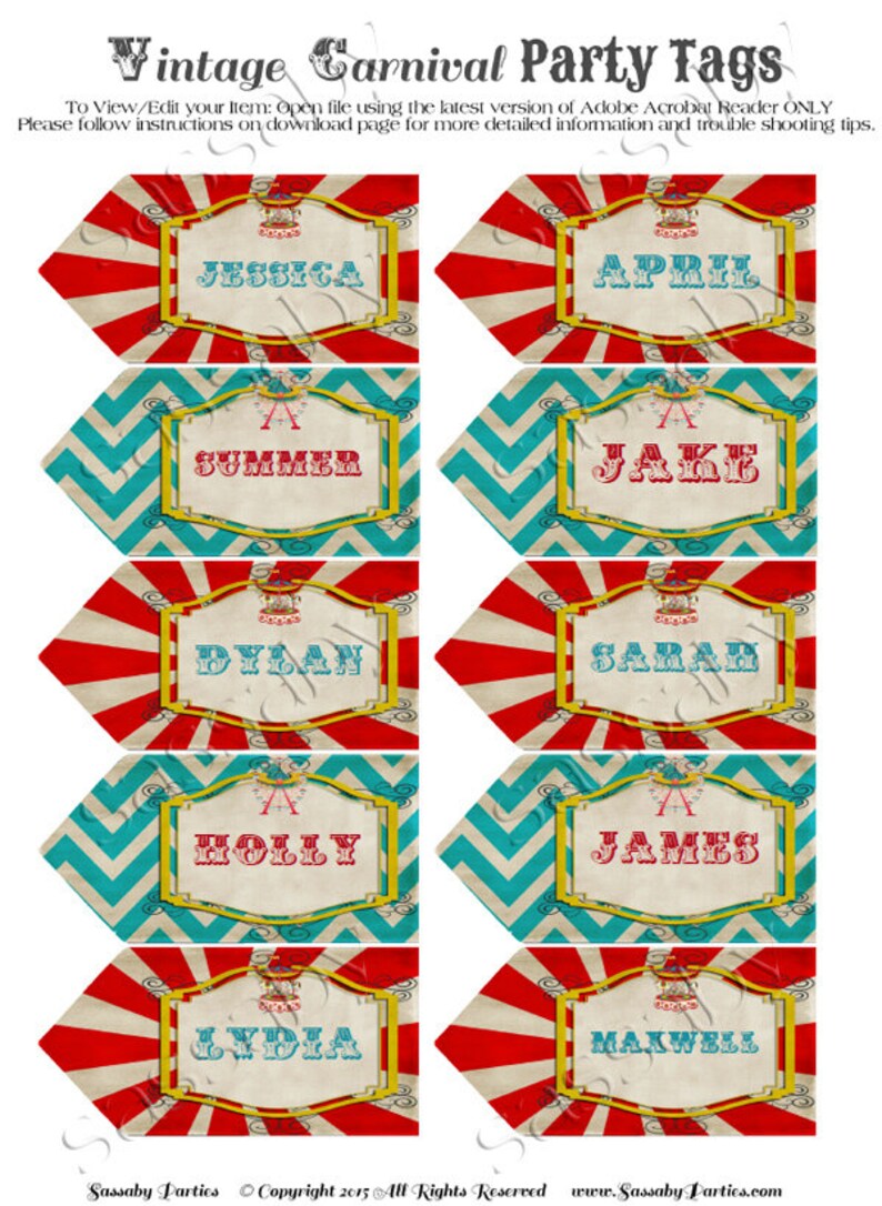 Vintage Carnival Party Favor Tags INSTANT DOWNLOAD | Etsy
