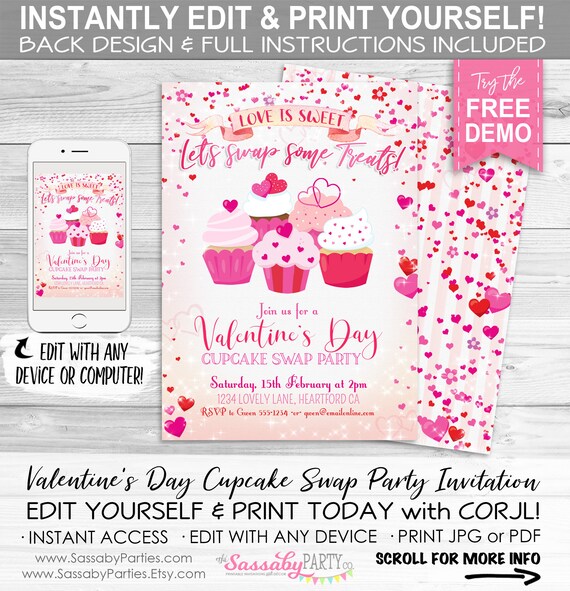 Valentine's Day Cupcake Swap Party Invitation - INSTANT DOWNLOAD ...