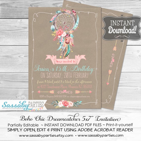 Boho Chic Invitation, Birthday or Baby - INSTANT DOWNLOAD - partially ...