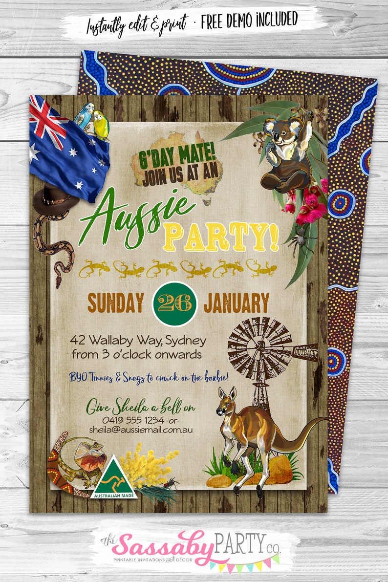Aussie Party Invitation - INSTANT DOWNLOAD - Edit & Print, Australia ...