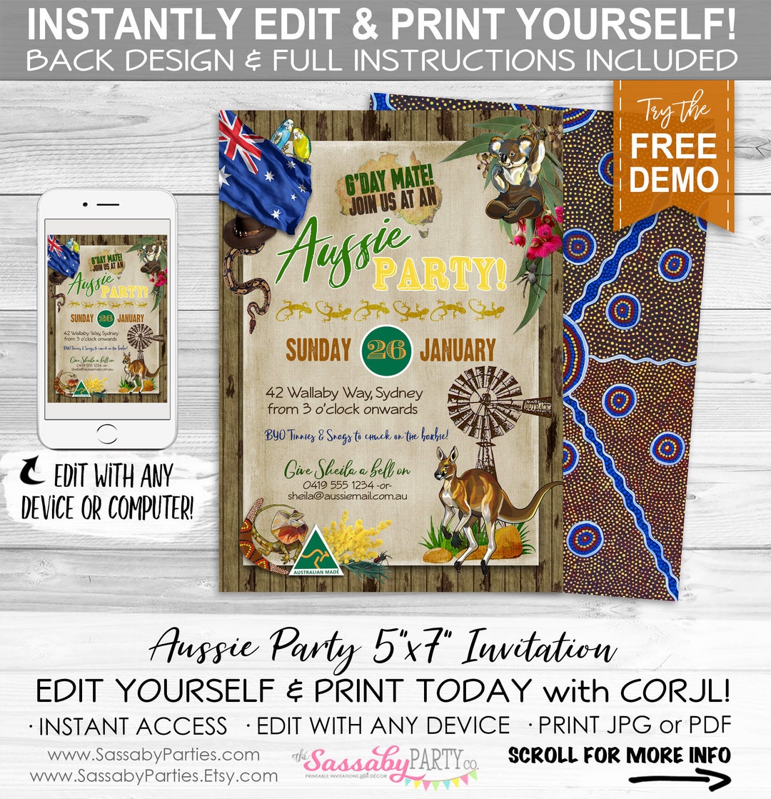 Aussie Party Invitation - INSTANT DOWNLOAD - Edit & Print, Australia ...