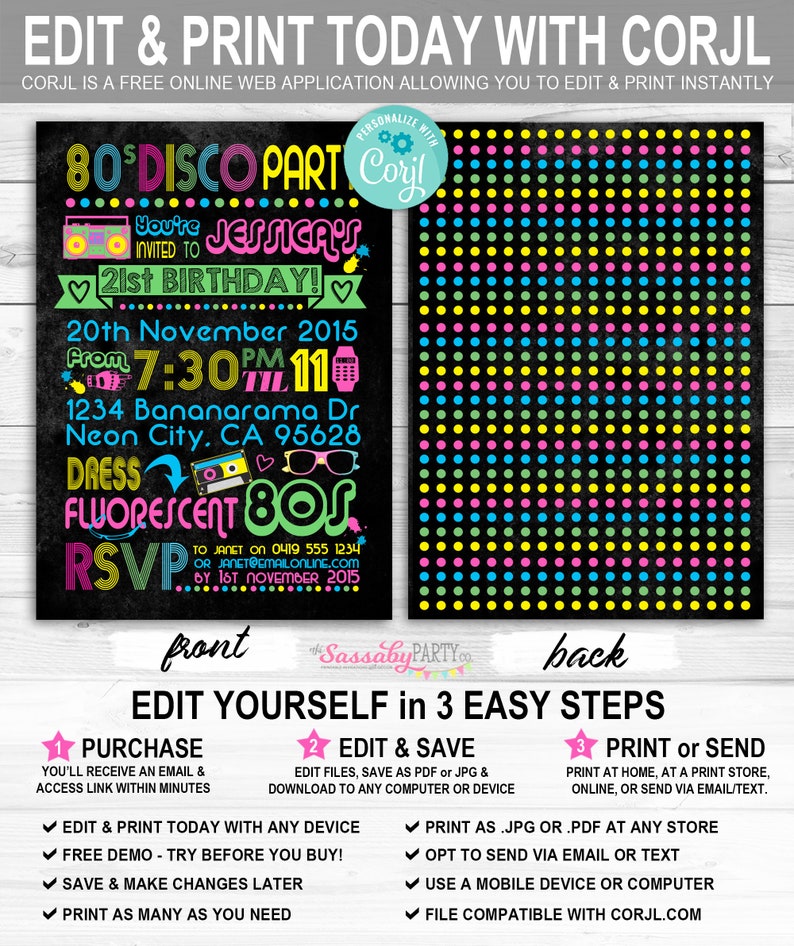 80s Neon Disco Invitation INSTANT DOWNLOAD Partially - Etsy