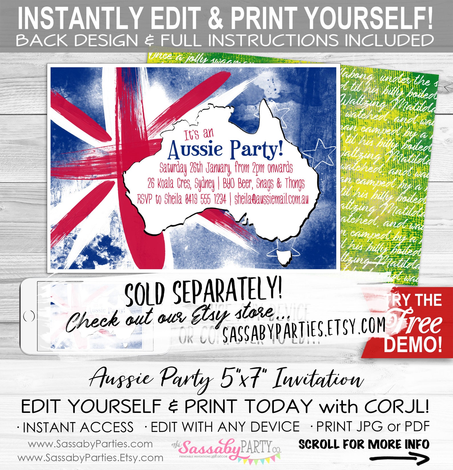Aussie Party Invitation - INSTANT DOWNLOAD - Edit & Print, Australia ...
