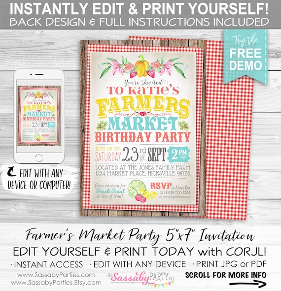 Farmers Market Invitation - INSTANT DOWNLOAD - partially Editable ...