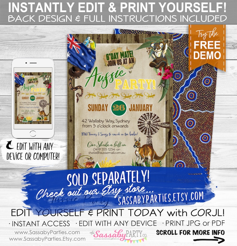 Aussie Party Invitation - INSTANT DOWNLOAD - Edit & Print, Australia ...