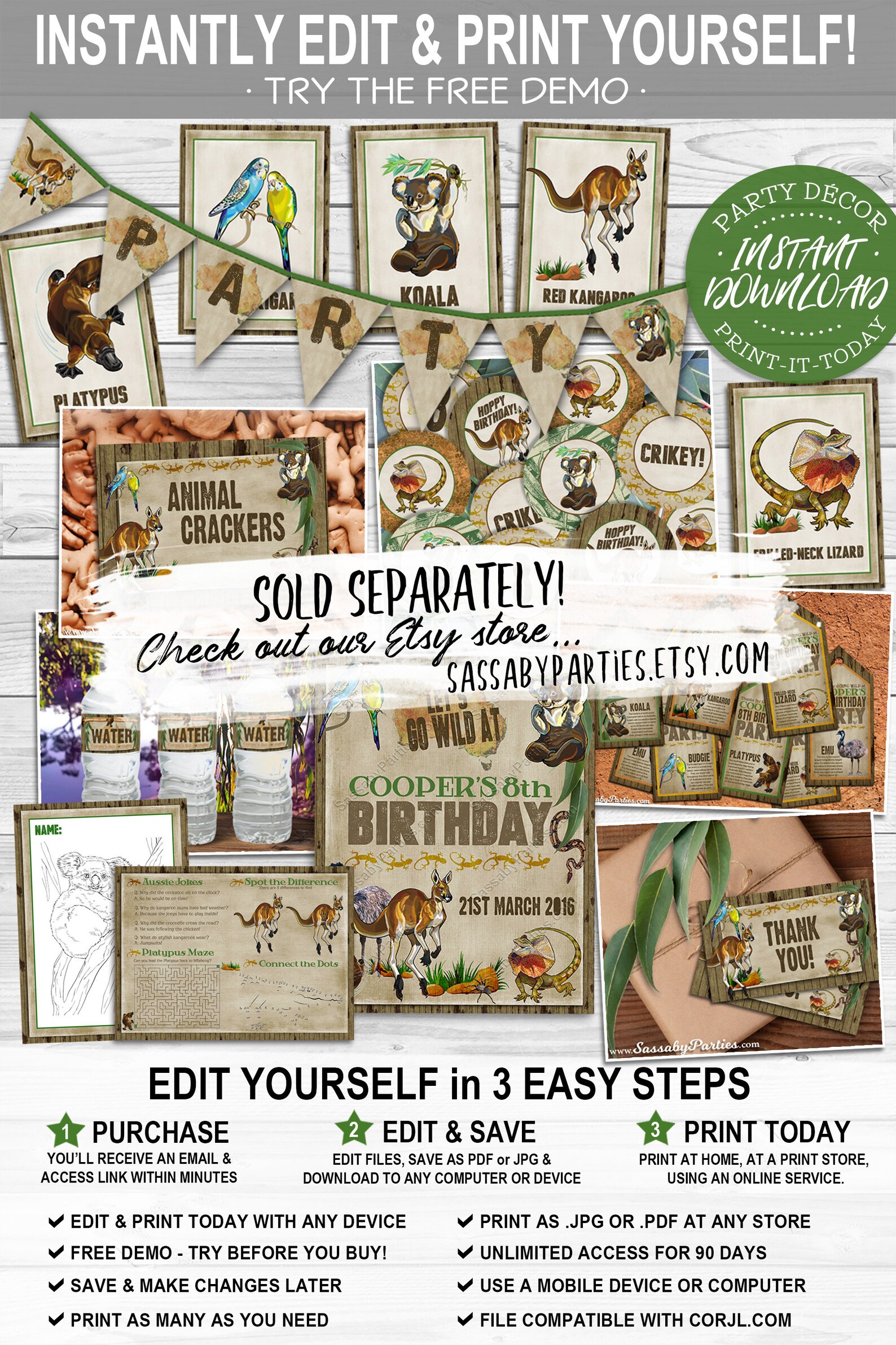 Australian Animals Party Labels INSTANT DOWNLOAD Editable - Etsy