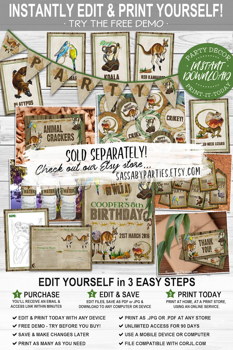 Australian Animals Party Labels INSTANT DOWNLOAD Editable - Etsy