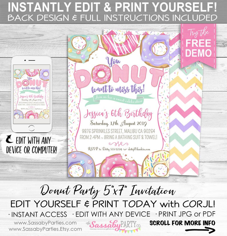 Donut Party Invitation - INSTANT DOWNLOAD - Editable & Printable, Girls ...