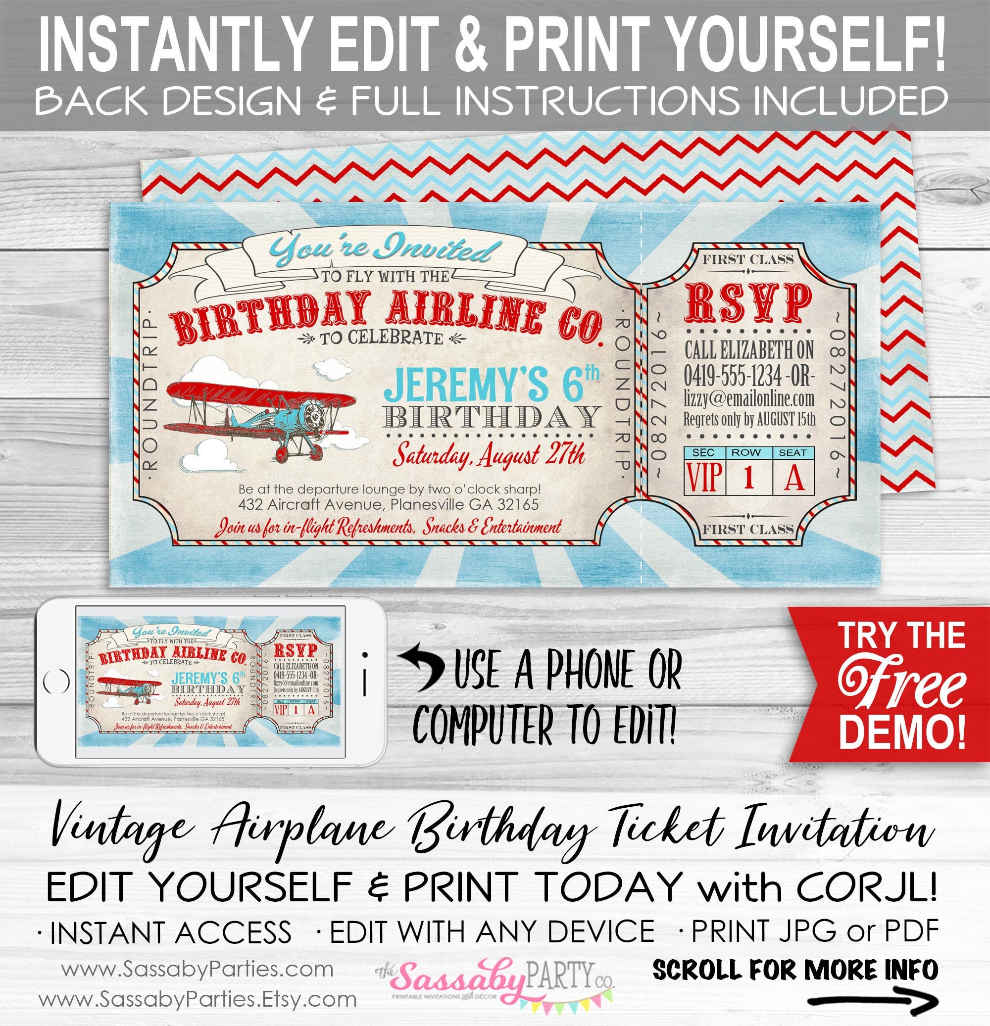 Invitations Paper & Party Supplies VINTAGE AIRPLANE INVITATION ...