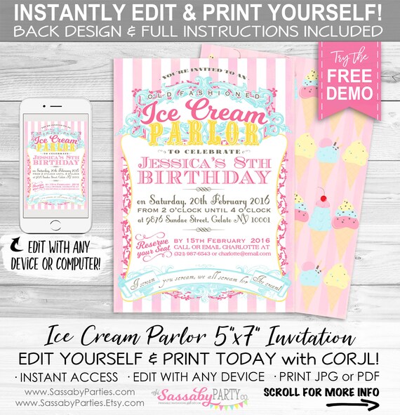 Ice Cream Parlor Invitation - INSTANT DOWNLOAD - Icecream Partailly ...
