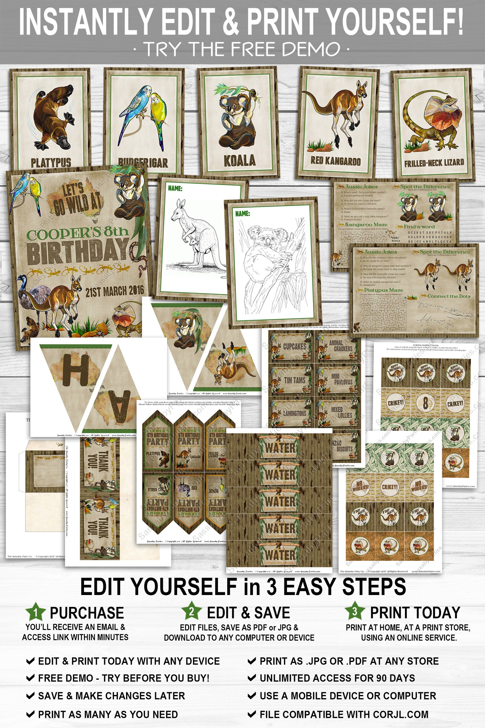 Australian Animals Party Pack INSTANT DOWNLOAD Party | Etsy