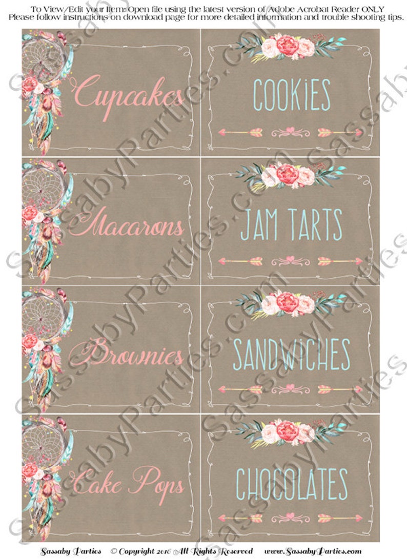 Dreamcatcher Boho Party Labels INSTANT DOWNLOAD Editable & | Etsy