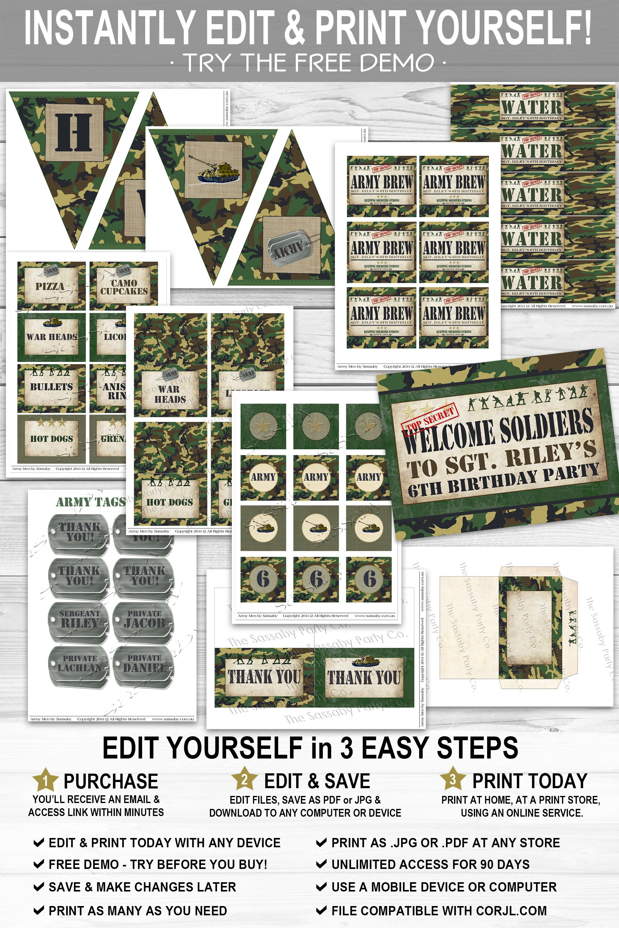 Army Men Party Pack - INSTANT DOWNLOAD - Edit& Print, Birthday Party ...