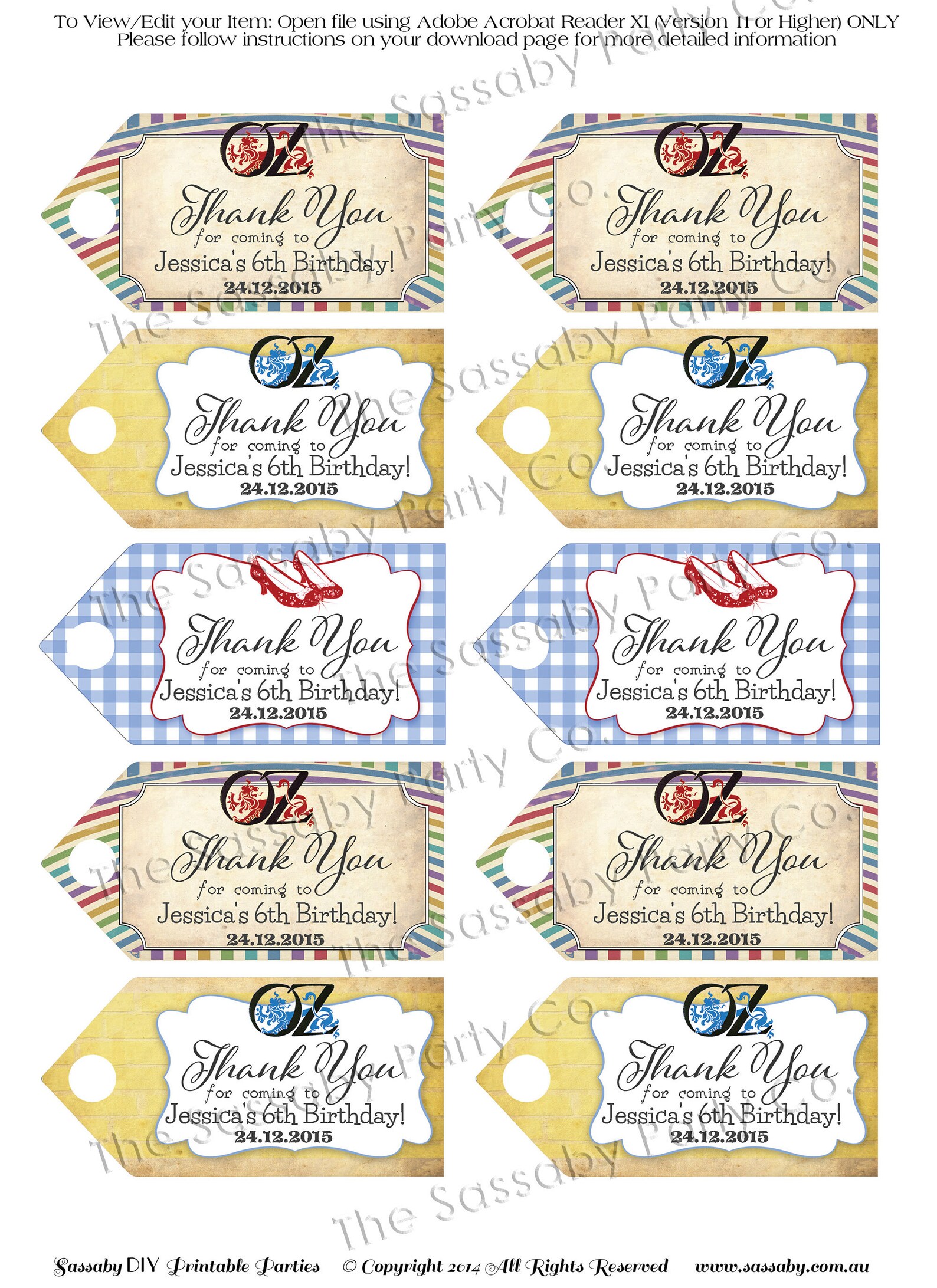 Wizard of Oz Party Tags Thank You - INSTANT DOWNLOAD - Editable ...