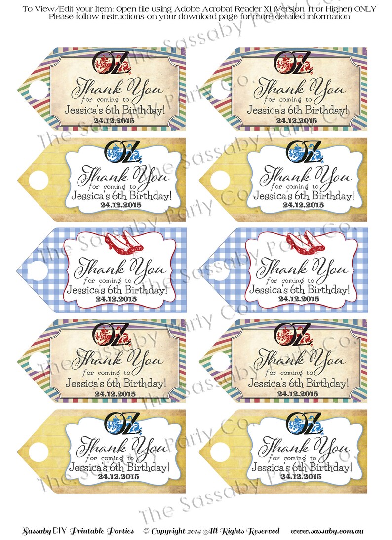 Wizard of Oz Party Tags Thank You INSTANT DOWNLOAD - Etsy