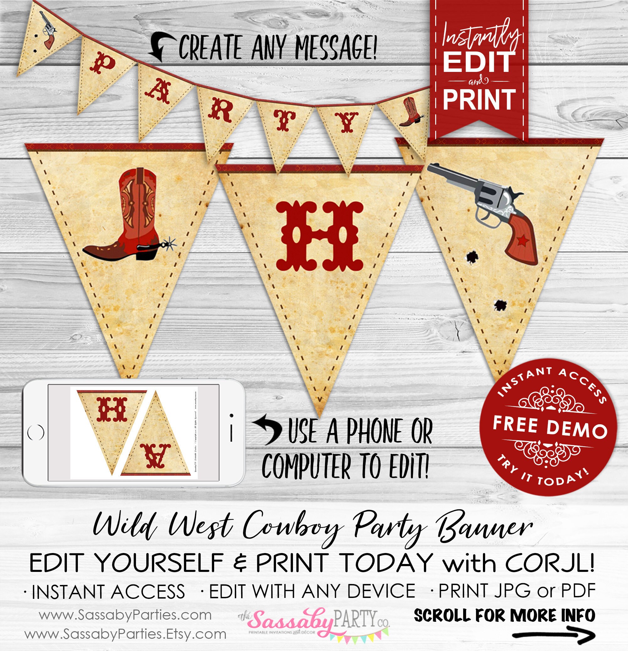 Wild West Cowboy Party Banner INSTANT DOWNLOAD Editable & - Etsy