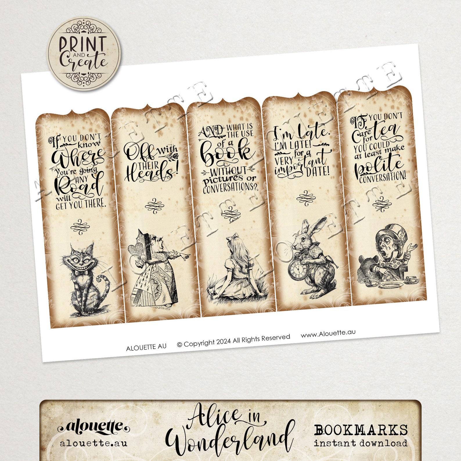 Alice in Wonderland Bookmarks - INSTANT DOWNLOAD - Printable Ephemera ...