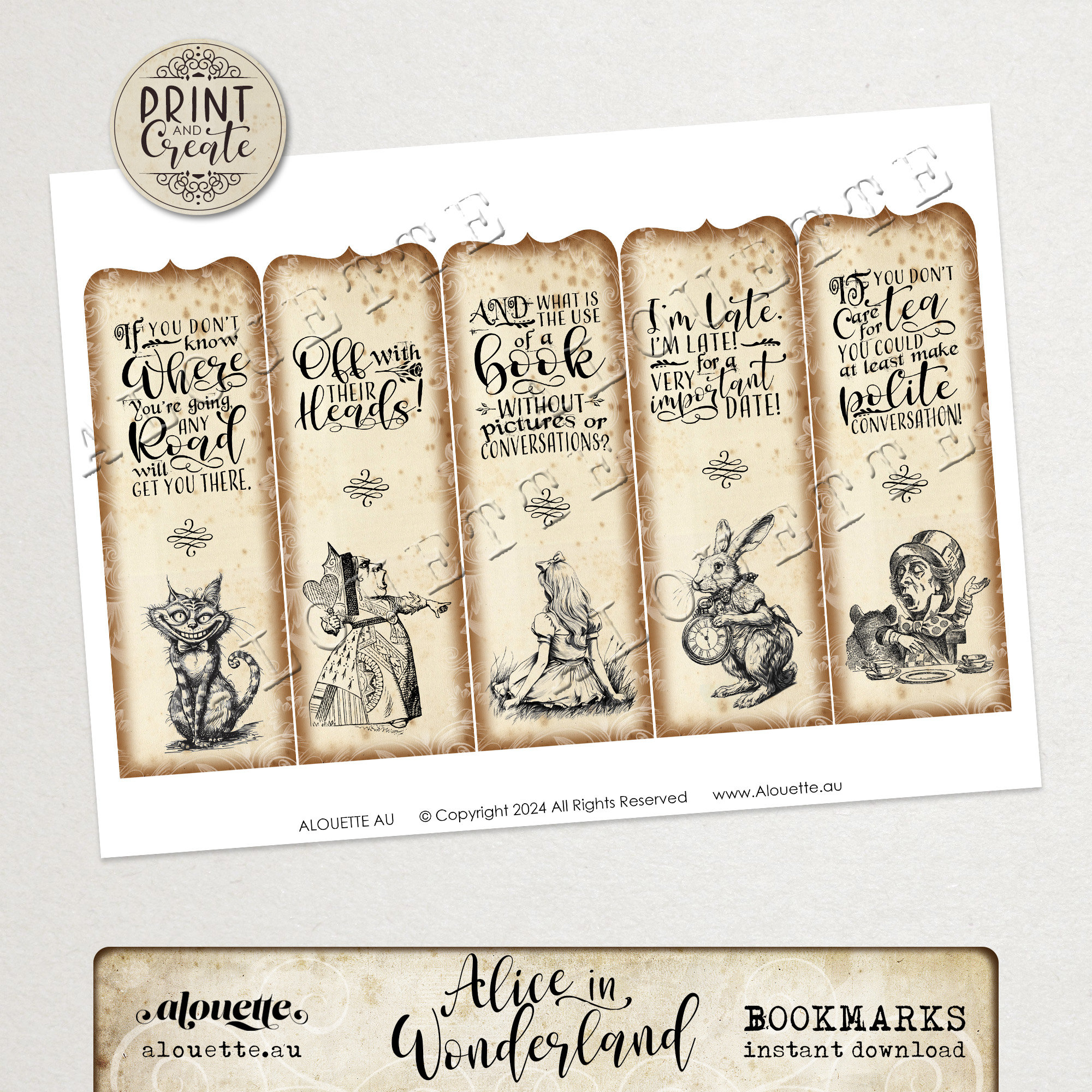 Alice in Wonderland Bookmarks - INSTANT DOWNLOAD - Printable Ephemera ...