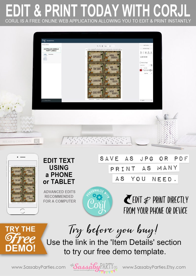 Australian Animals Party Labels - INSTANT DOWNLOAD - Editable ...