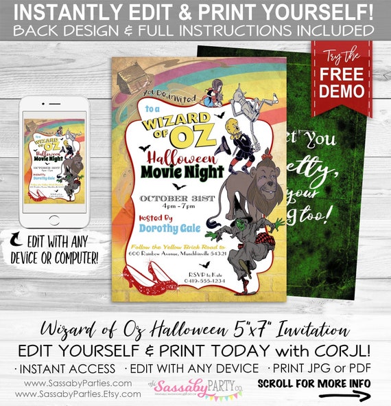 Wizard of Oz Halloween Party Invitation - INSTANT DOWNLOAD - Partially ...