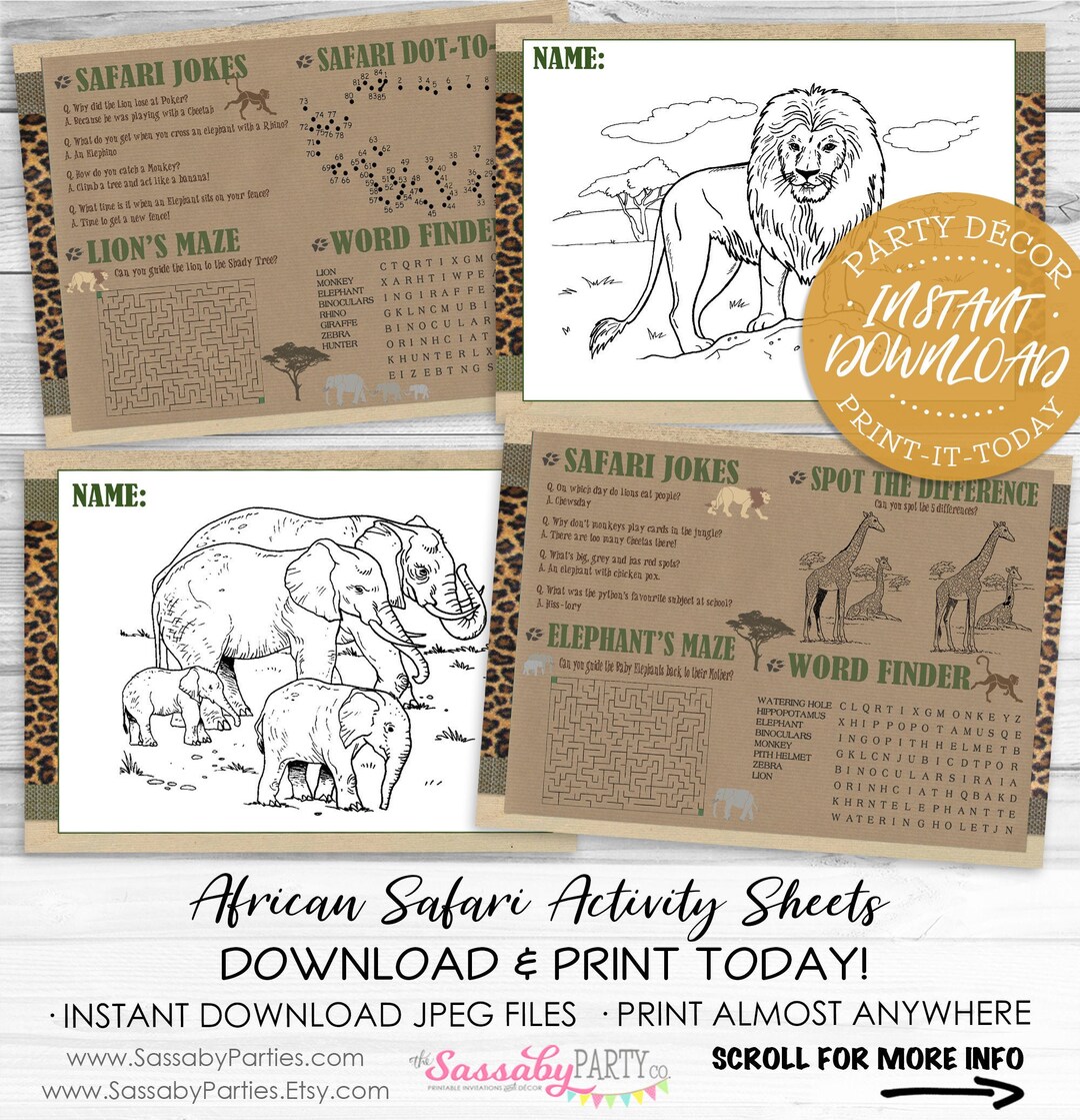 Safari Activity & Coloring Sheets/placemats - INSTANT DOWNLOAD ...