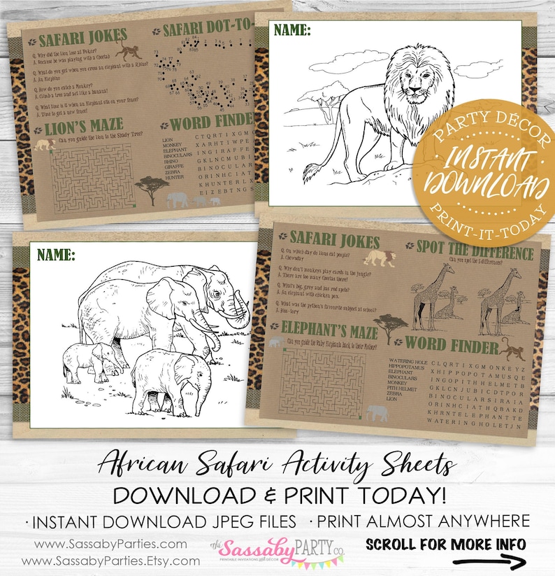Safari Activity & Coloring Sheets/placemats - INSTANT DOWNLOAD ...
