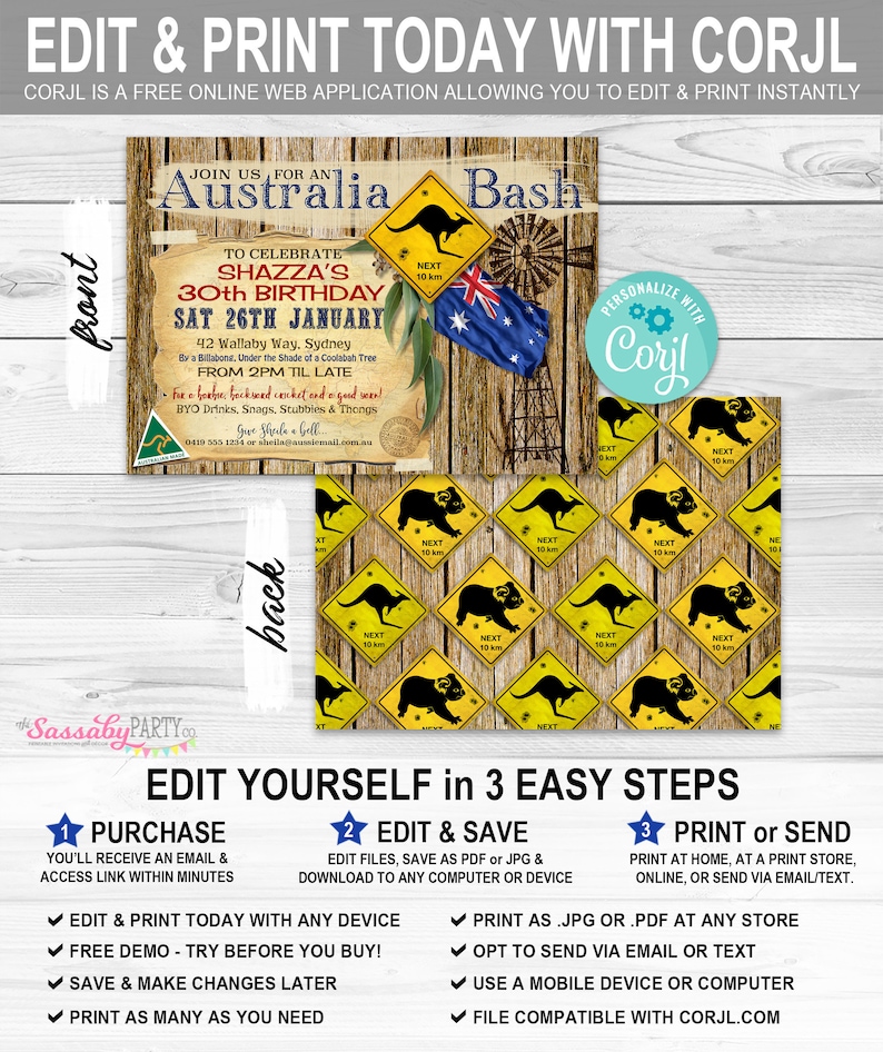 Australia Bash Party Invitation - INSTANT DOWNLOAD - Partially Edit ...