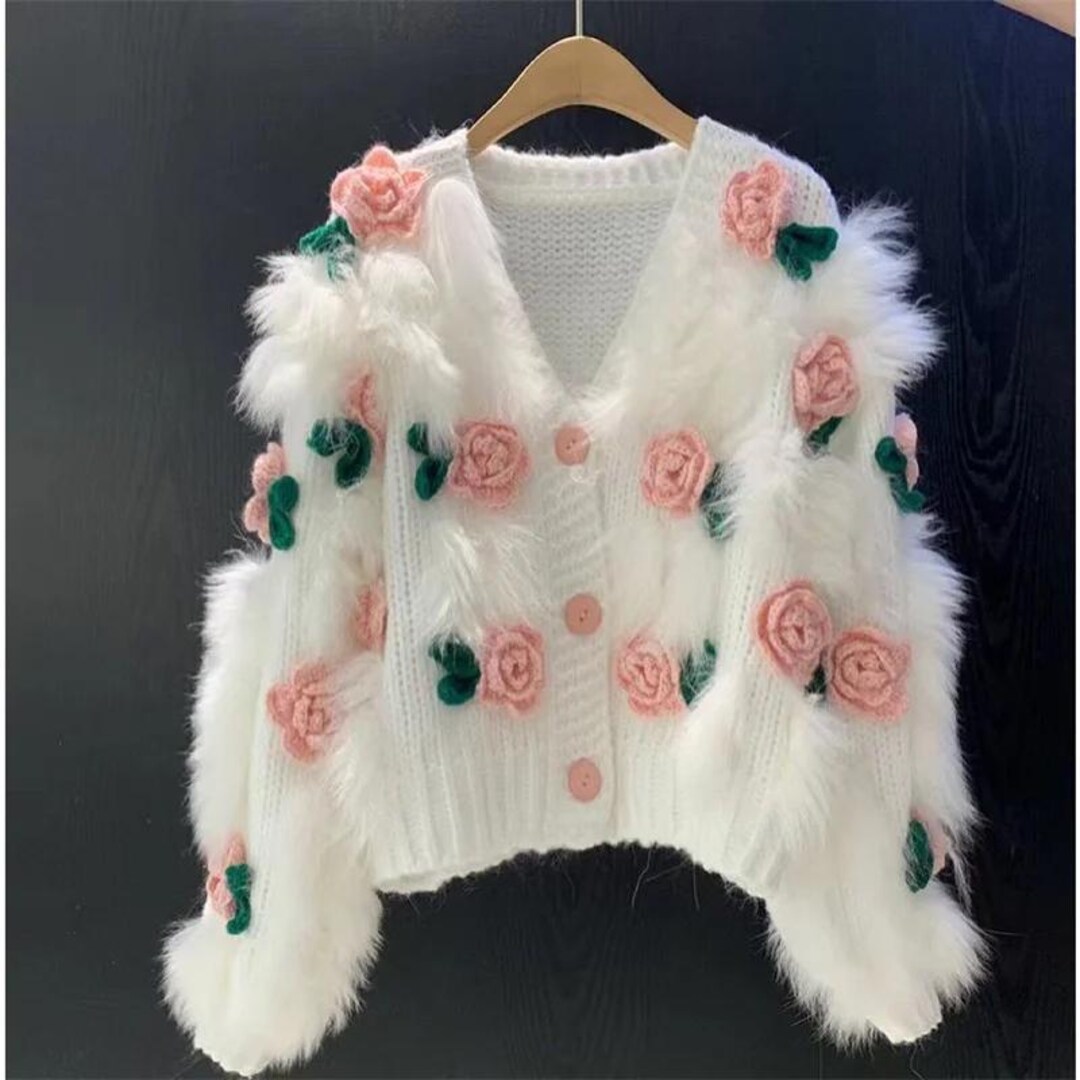 Hand Made Fluffy Rose Knit Cardigan – White Crochet Sweater Withfloral ...