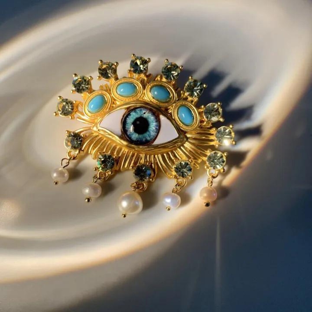 Vintage Gold Evil Eye Brooch | Turquoise, Amber & Pearl Amulet Pin - Etsy
