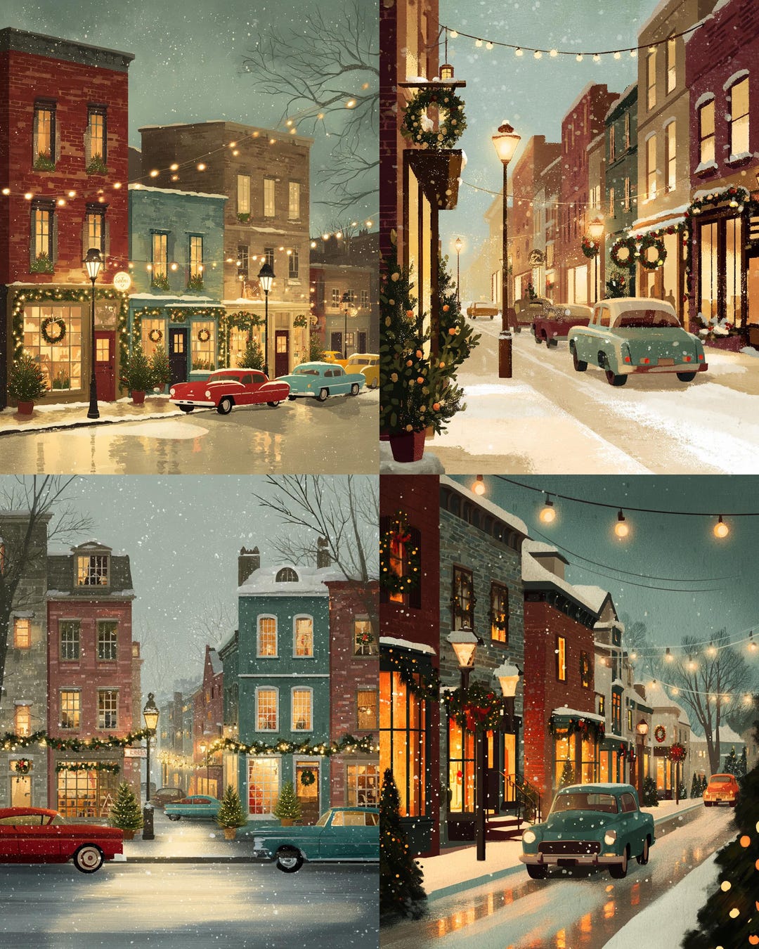 Vintage Christmas Shopfront Print, 1950s Retro Holiday Town Scene ...
