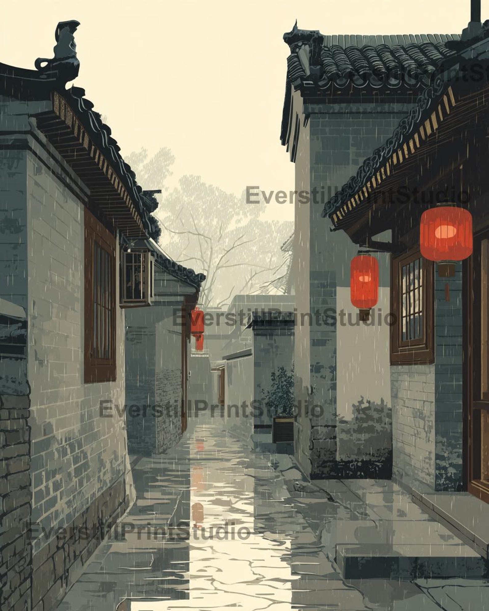 Beijing Hutong Alley Print, Rainy Street, Vintage Woodblock Style ...