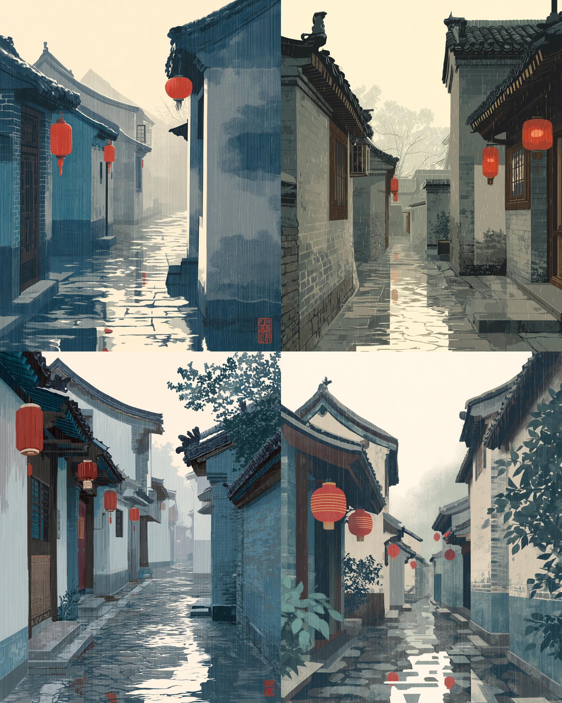 Beijing Hutong Alley Print, Rainy Street, Vintage Woodblock Style ...
