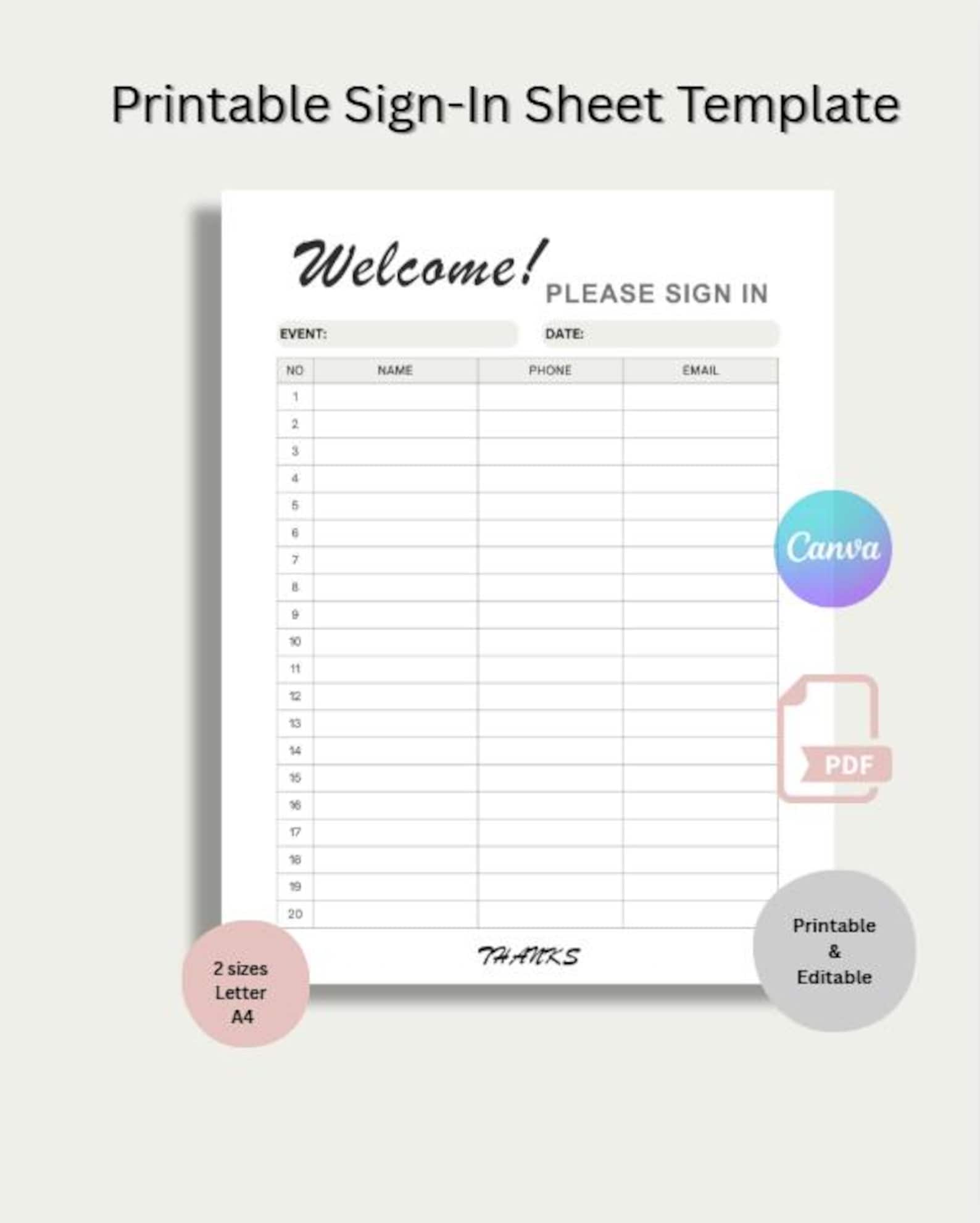 Editable Welcome Sign-in Sheet | Event Guest Book (canva Template, PDF ...