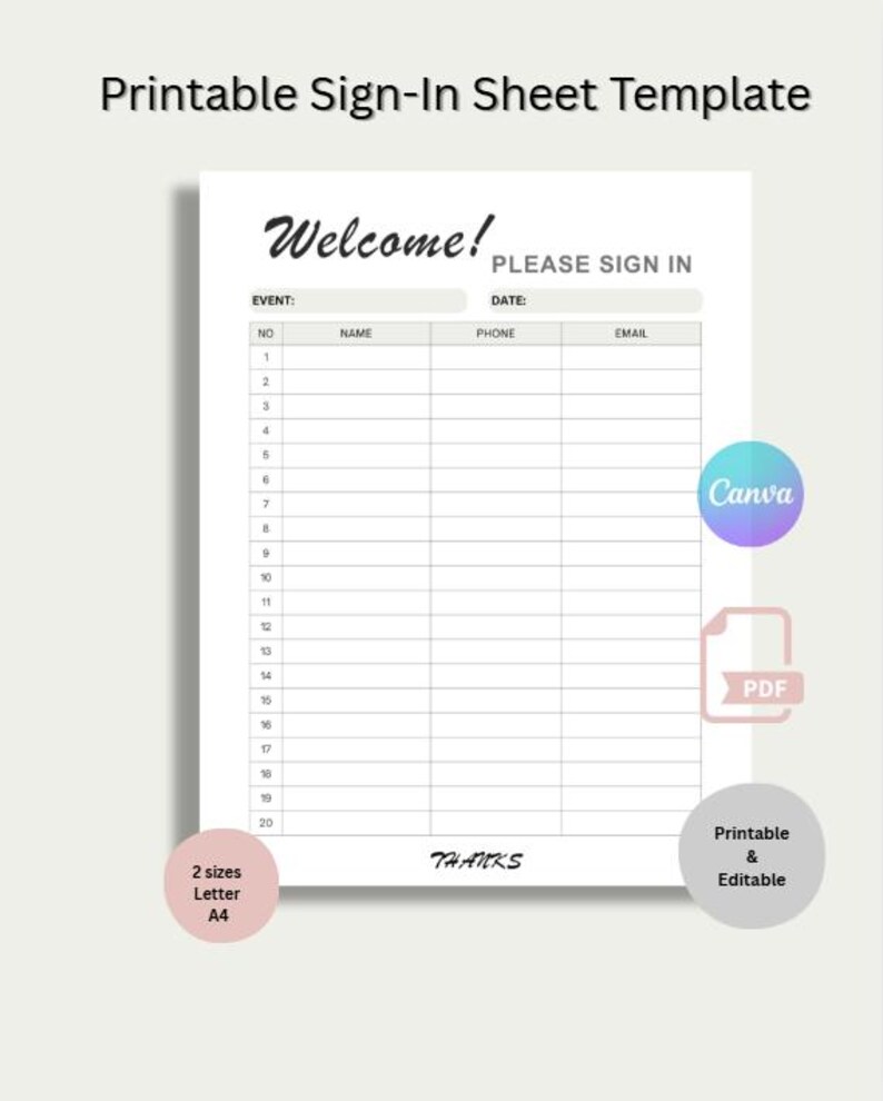 Editable Welcome Sign-in Sheet | Event Guest Book (canva Template, PDF ...