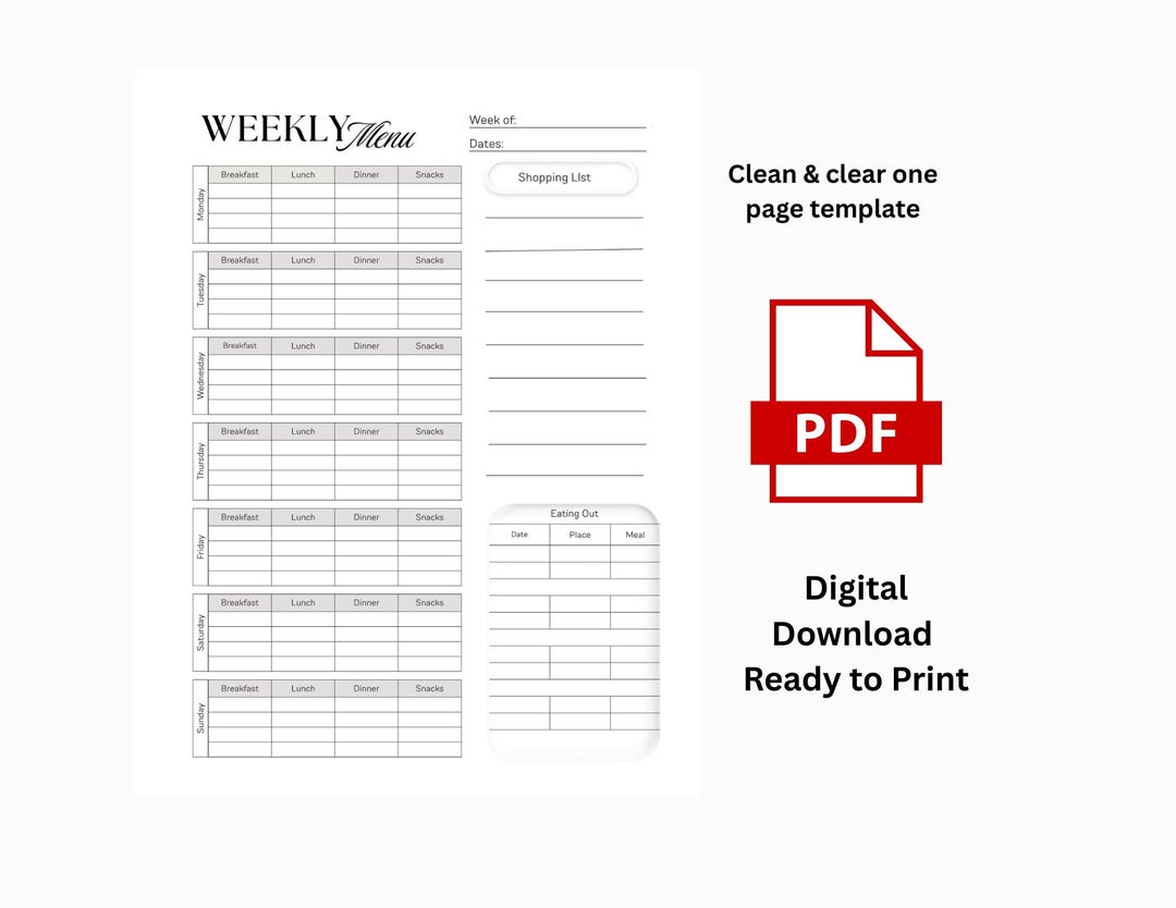 Weekly Meal Planner Printable | Letter Size Kitchen Organizer (PDF ...