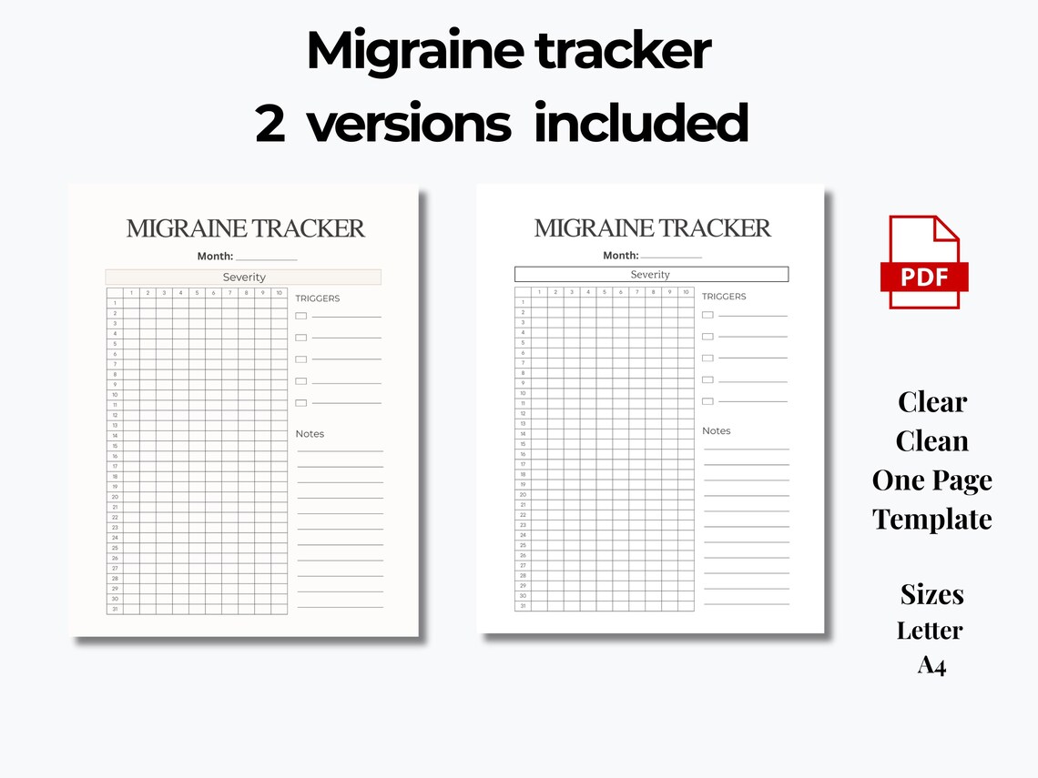 Migraine Tracker Printable | One Page Headache Log | Monthly Migraine ...