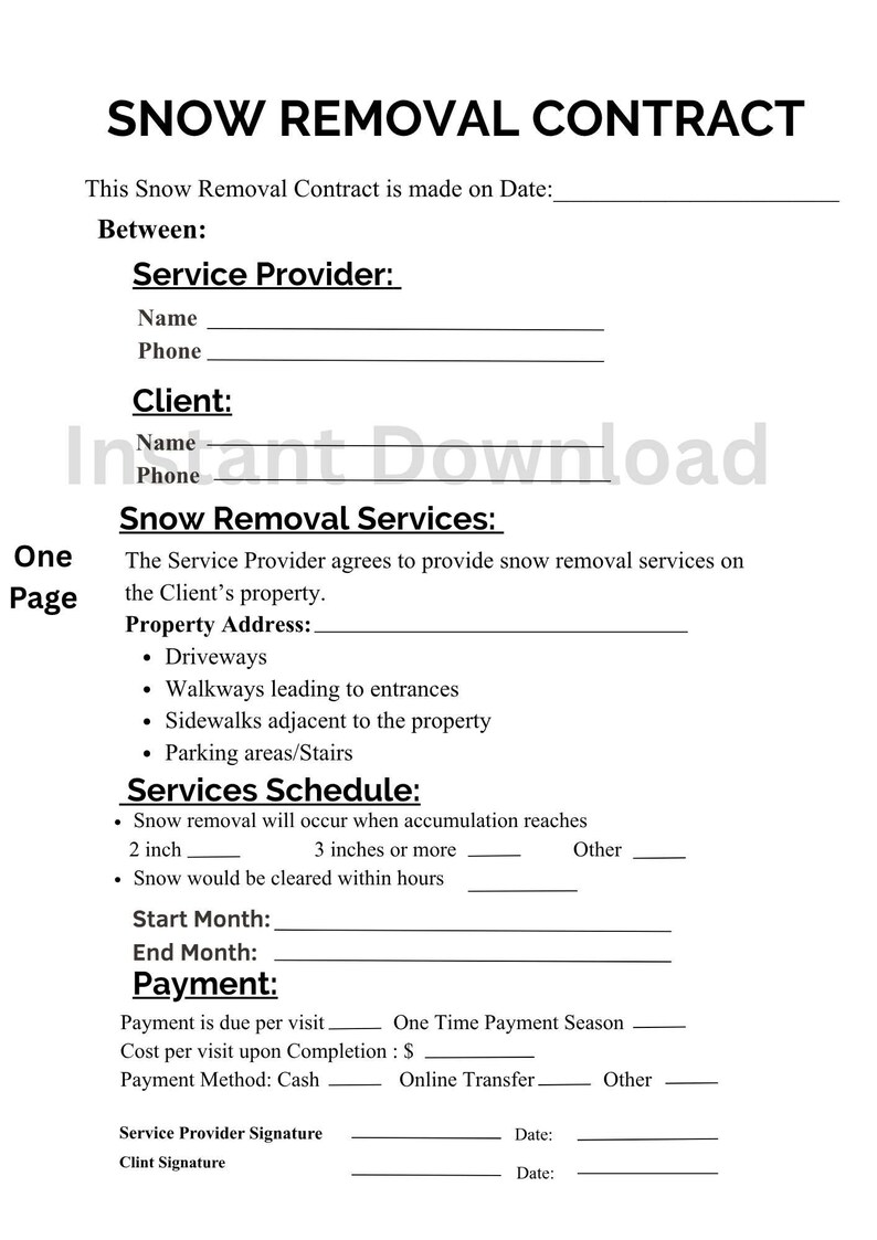 Snow Removal Contract Template, Printable Plowing Agreement (digital ...
