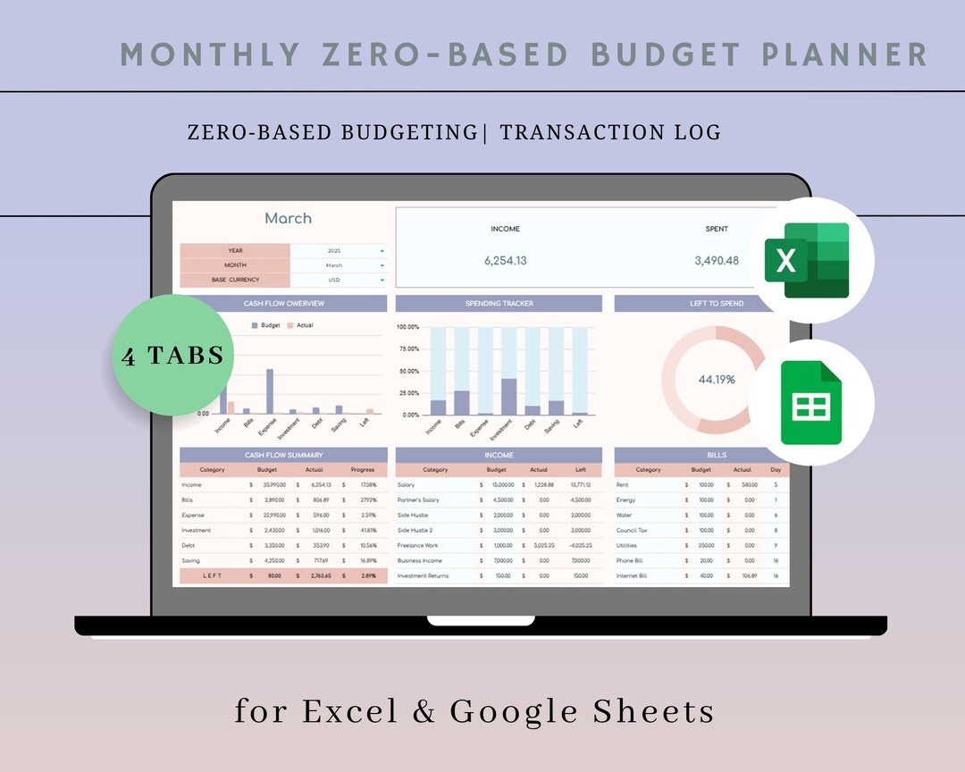 Monthly Budget Planner | Zero-based Budget Spreadsheet | Expense ...