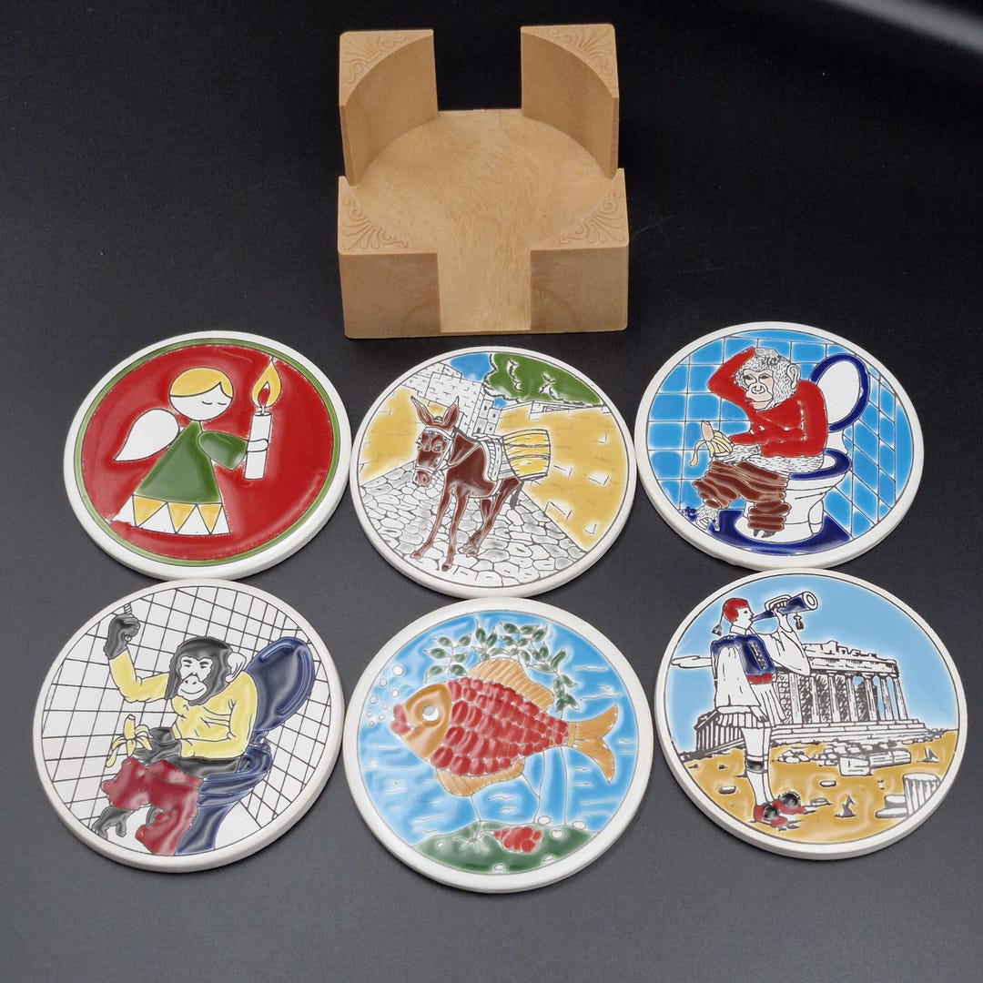 Vintage Set of 6 Ceramic, Hand Painted, Coasters. Katsidoniotis Bros ...