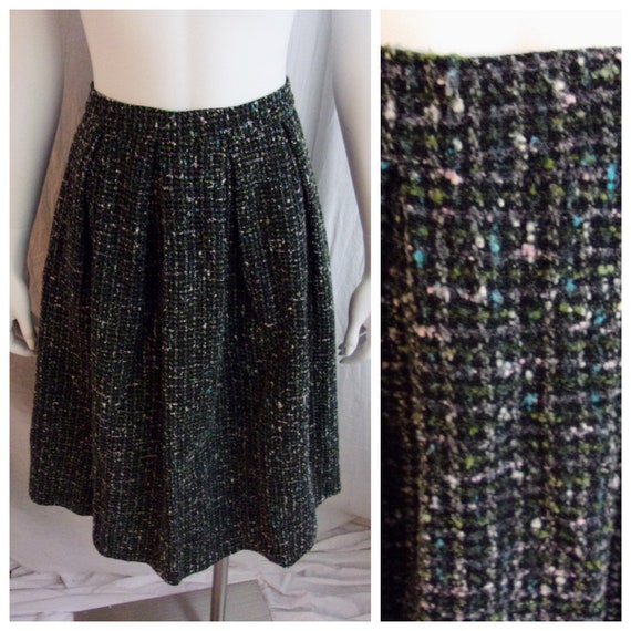 Vintage 1950s Skirt Atomic Fleck Wool Tweed Black Mul… - Gem
