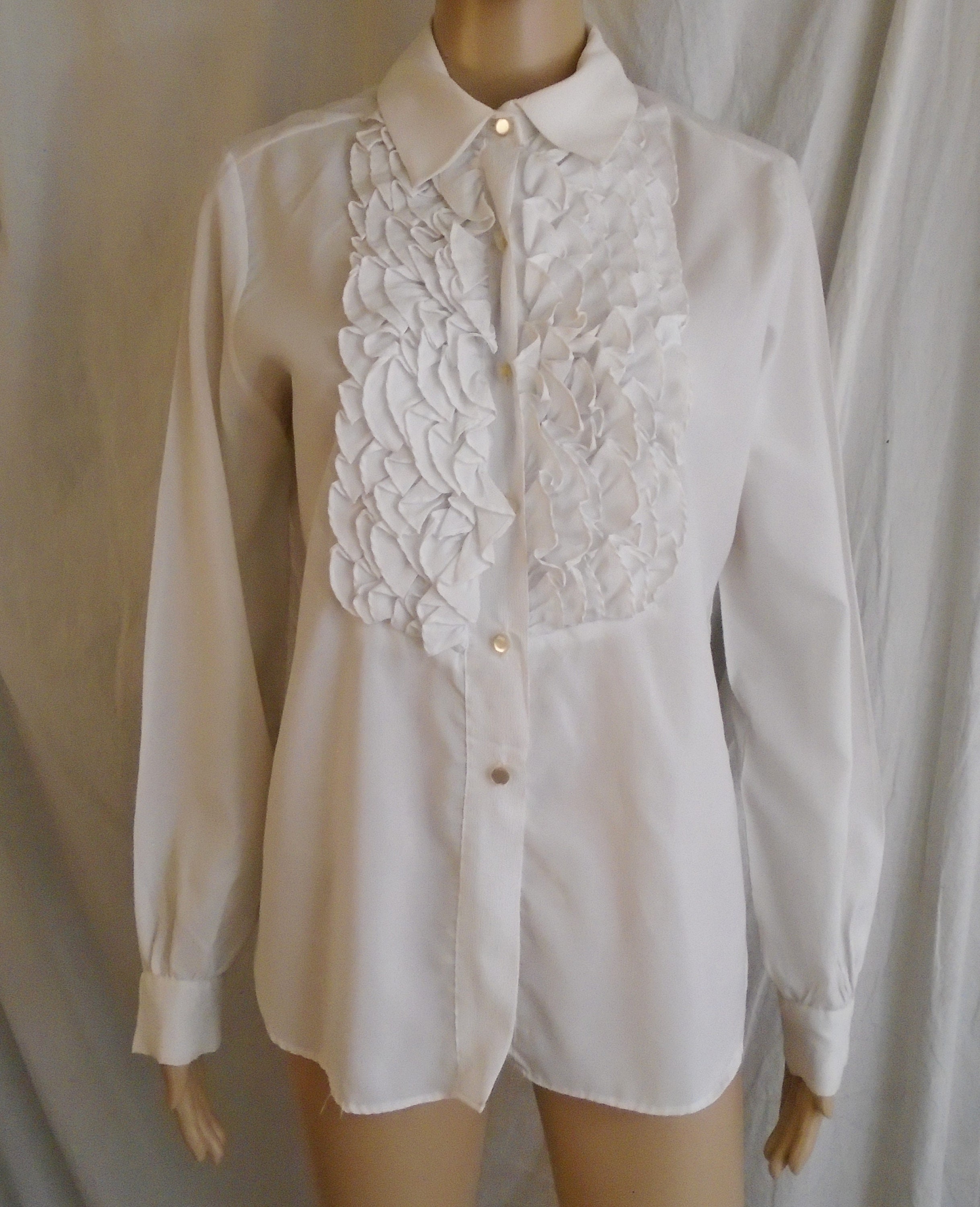 Vintage 1960s Blouse White Ruffle Front Polyester Long Sleeve Etsy