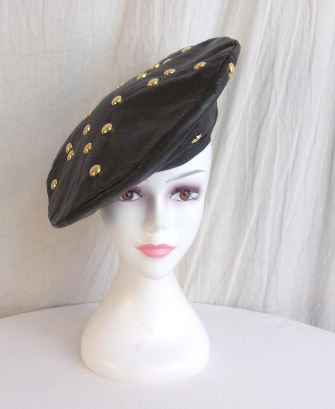 Vintage 1980s Hat Black Leather Oversized Beret With Gold Studs Hip Hop ...